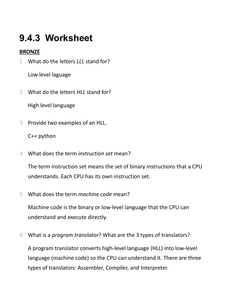 Programming Languages Worksheet: LLL, HLL, Translators