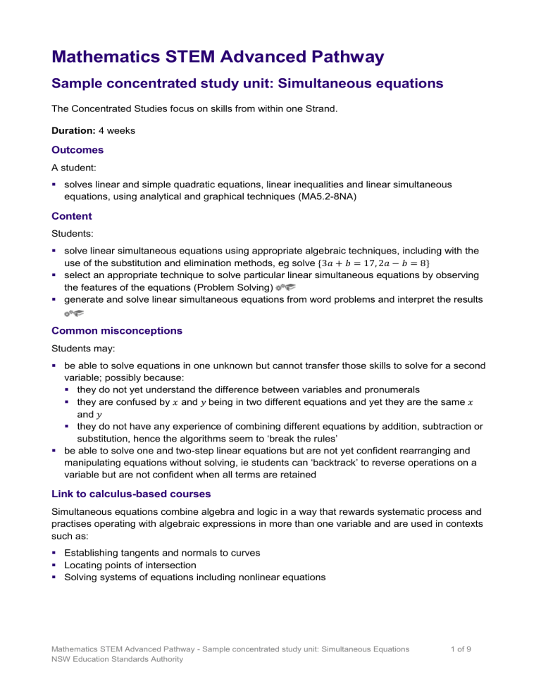 Mathematics STEM: Simultaneous Equations Study Unit Plan