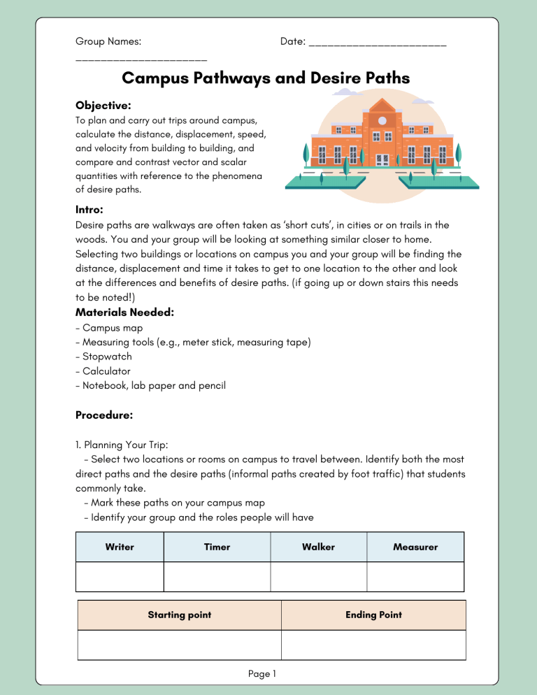 Campus Pathways & Desire Paths: Physics Lab Worksheet