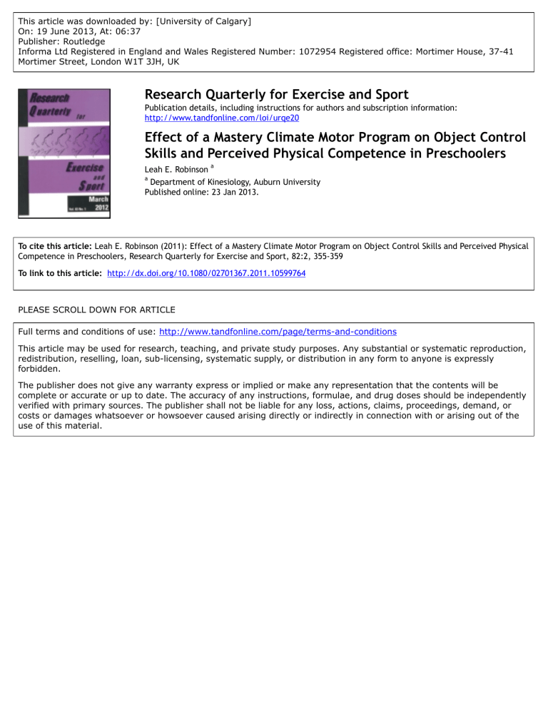 Mastery Climate & Motor Skills in Preschoolers