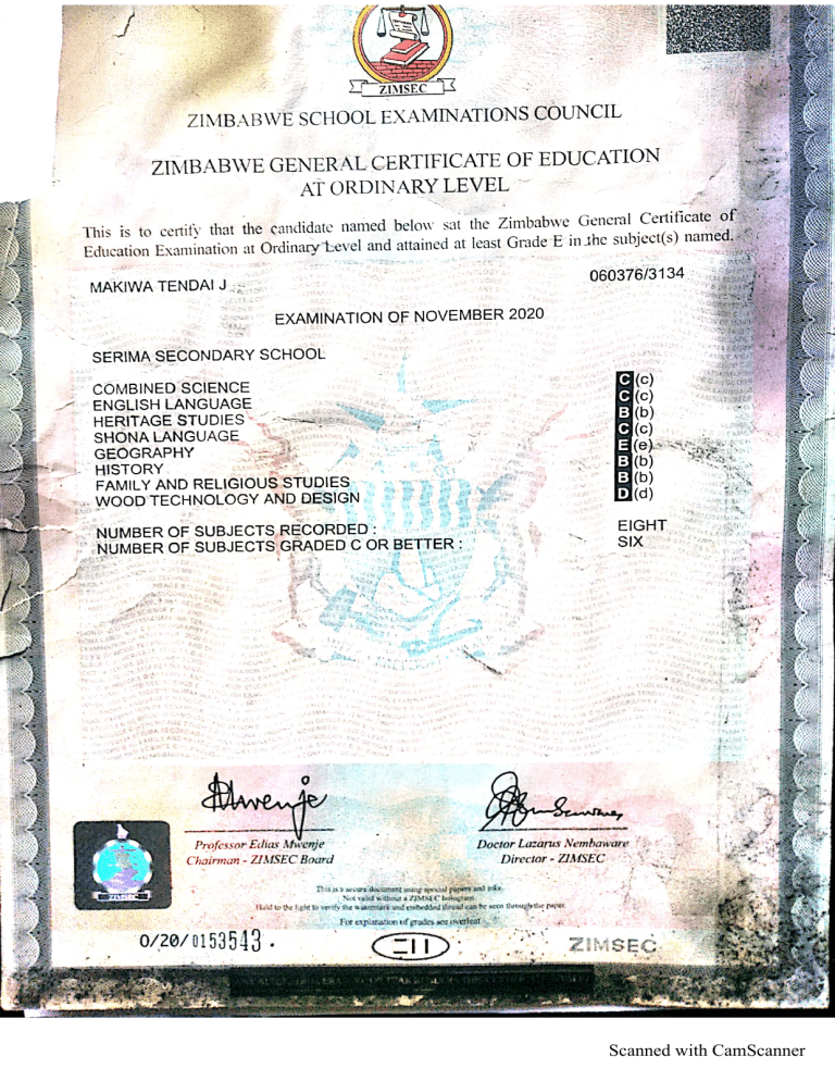 ZIMSEC Ordinary Level Certificate - MAKIWA TENDAI J