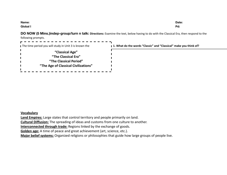 Classical Era Worksheet: Empires, Trade, and Beliefs