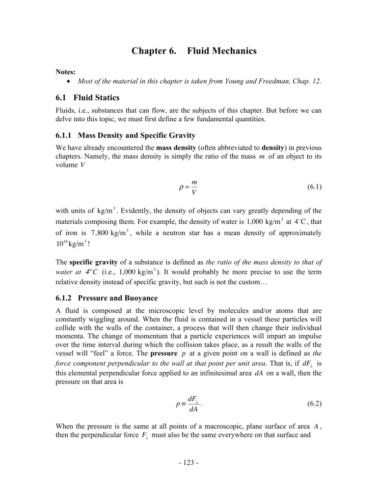 Fluid Mechanics: Mass Density, Pressure, Buoyancy & Archimedes' Principle