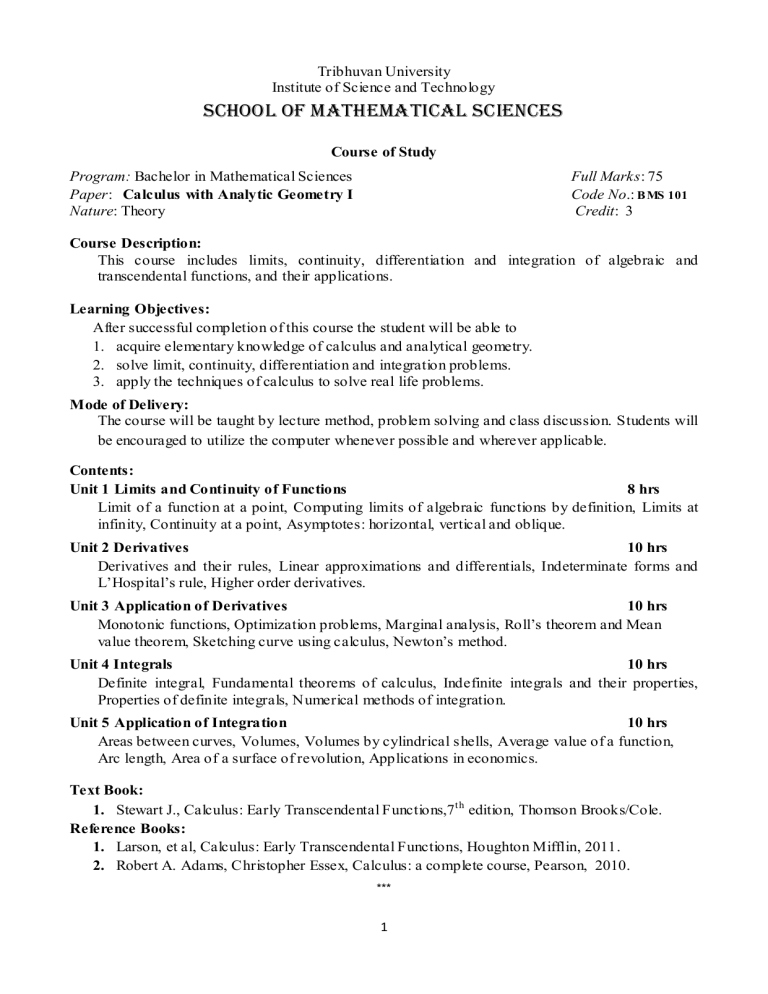 Tribhuvan University Mathematical Sciences Course of Study & Syllabus