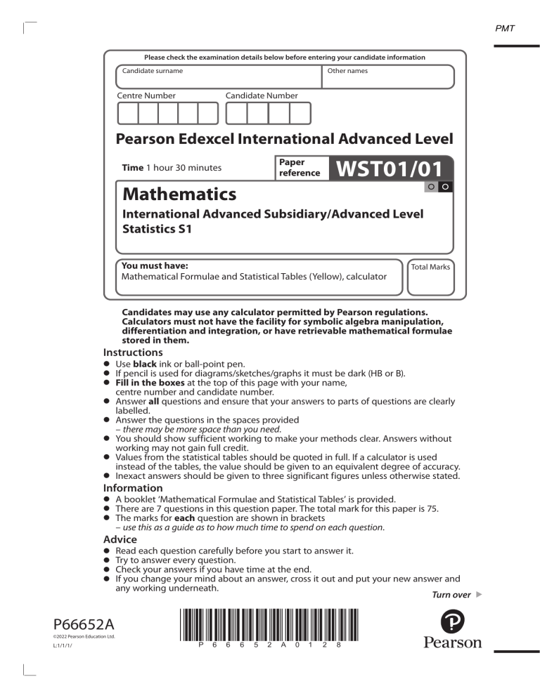 Statistics S1 Exam Paper - International Advanced Level