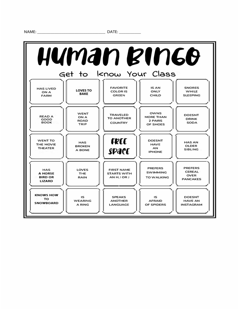 Human Bingo: Get to Know Your Class Icebreaker Game Sheet