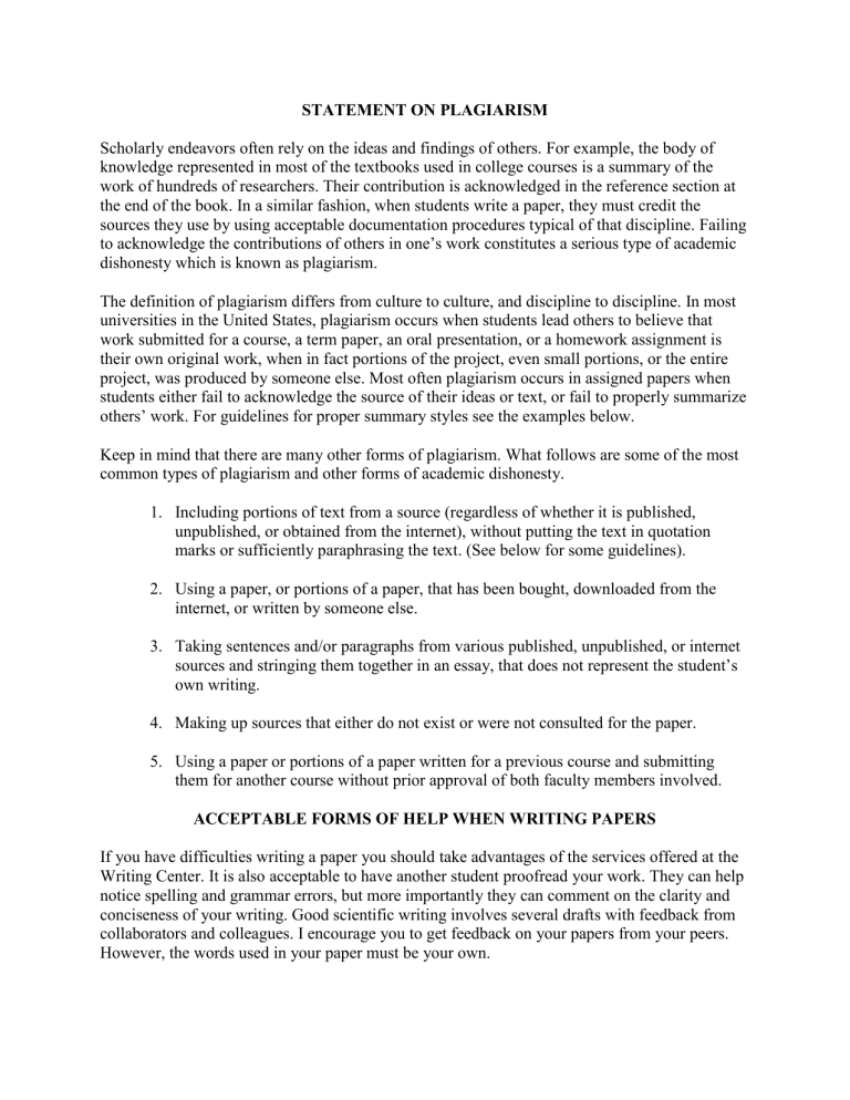 Plagiarism Statement: Avoiding Academic Dishonesty