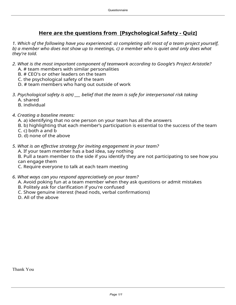 Psychological Safety Quiz: Teamwork & Engagement