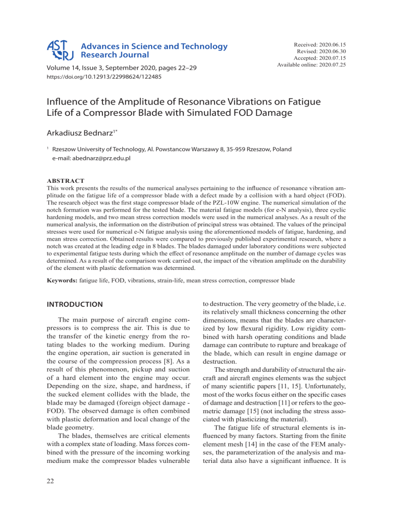 Fatigue Life of Compressor Blade with FOD Damage: Resonance Vibration