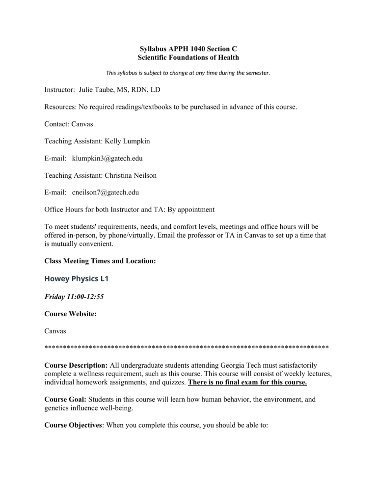 APPH 1040 Health Syllabus: Wellness, Nutrition, Fitness