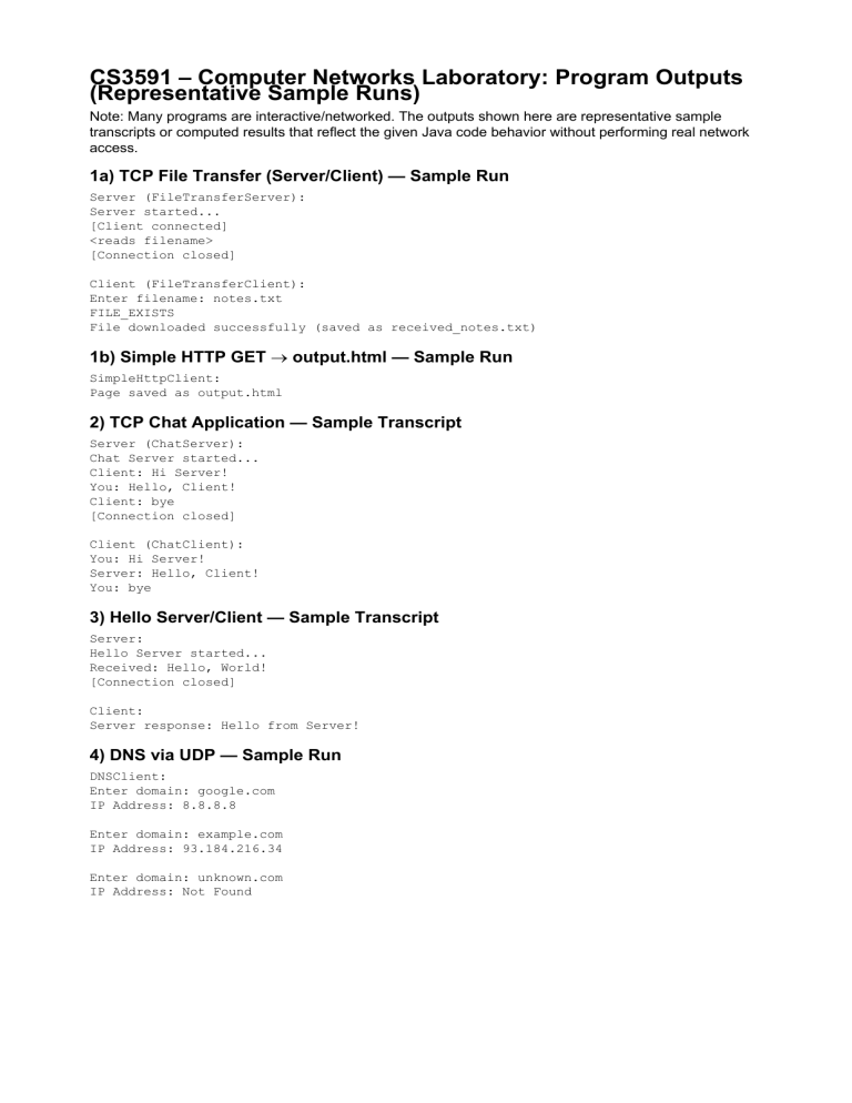 CS3591 Computer Networks Lab: Program Outputs & Sample Runs