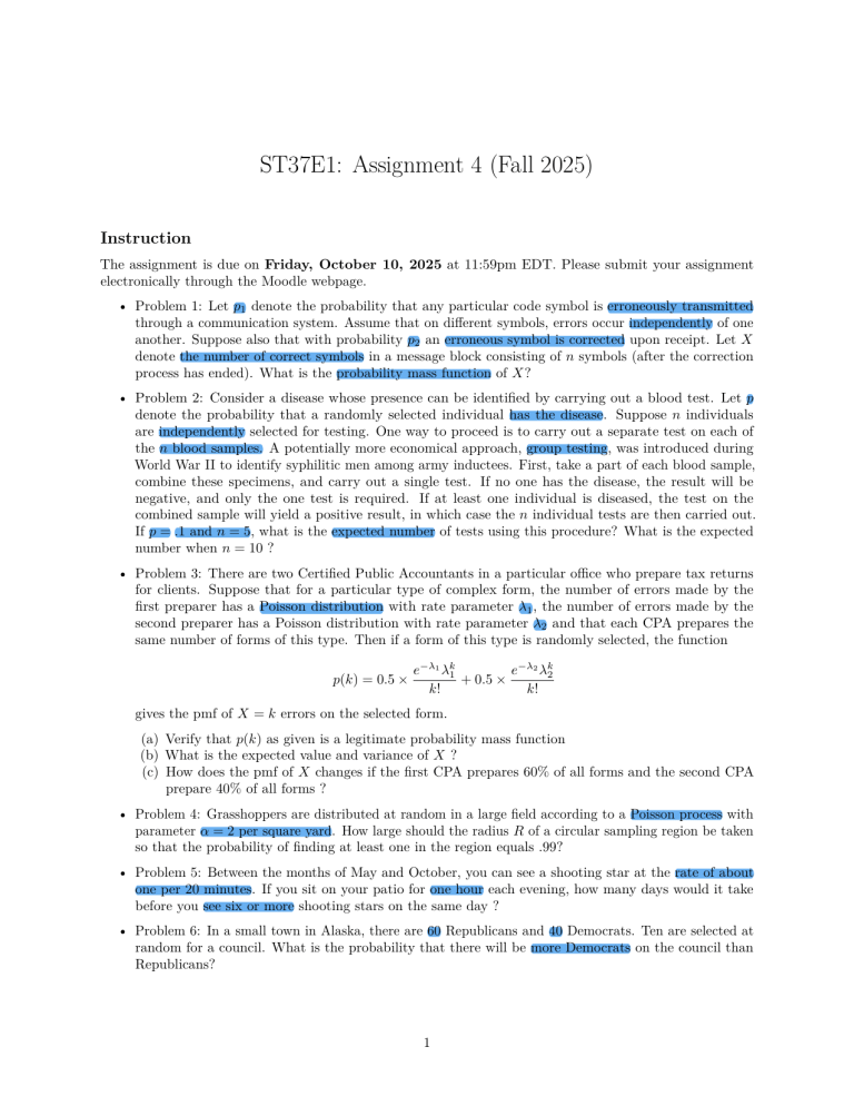ST37E1: Probability & Statistics Assignment 4 (Fall 2025)