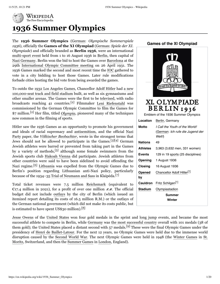 1936 Summer Olympics: History, Nazi Germany, Jesse Owens