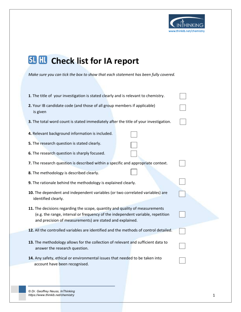 IB Chemistry IA Report Checklist: Essential Guidelines for Success