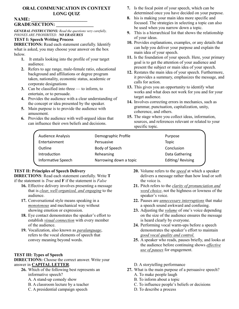 Oral Communication Quiz: Speech Writing & Delivery