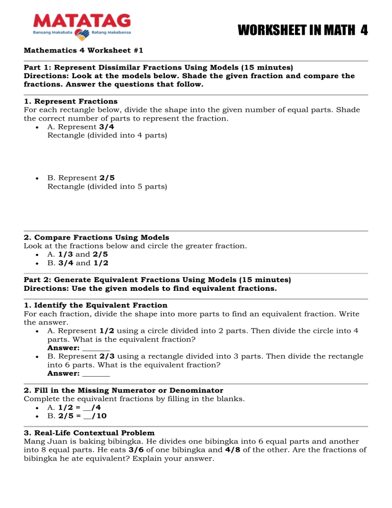Math 4 Worksheet: Representing & Generating Equivalent Fractions