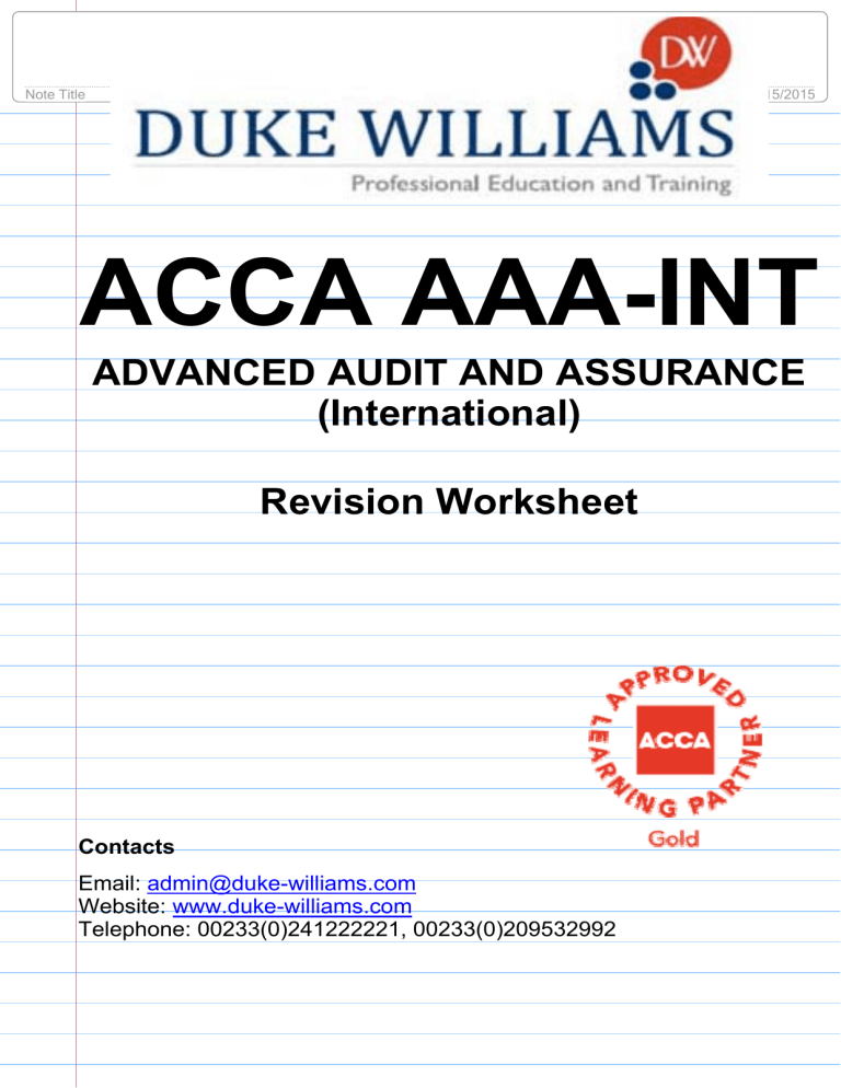ACCA AAA-INT Revision Worksheet - Duke Williams