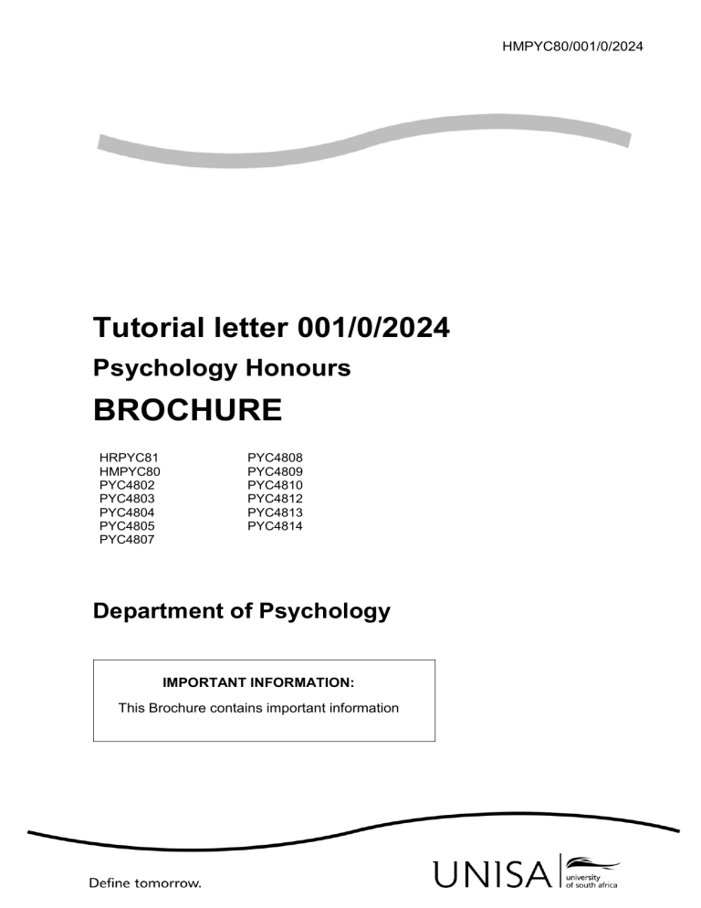 UNISA Psychology Honours, Master's & Doctoral Brochure 2024