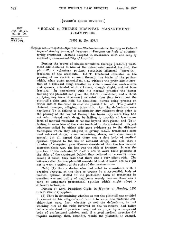 Bolam v Friern Hospital: Medical Negligence & ECT Treatment Law