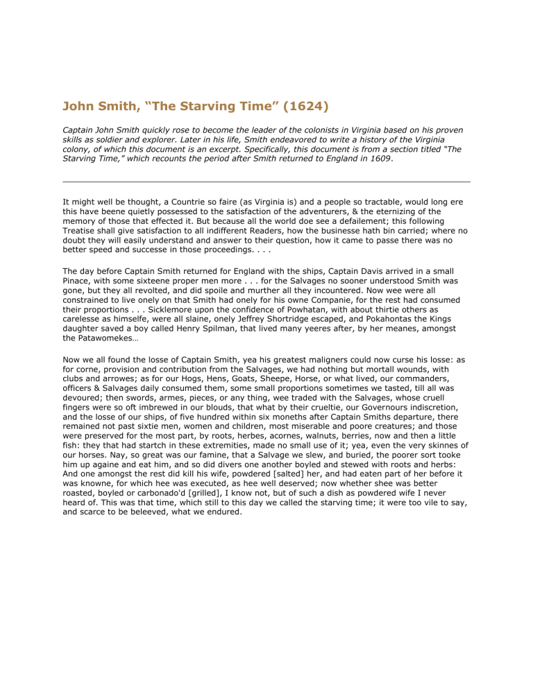 John Smith's The Starving Time: Jamestown Account