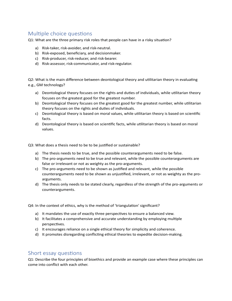 Ethics & Bioethics Exam Questions: Theories, Principles & Risk Roles