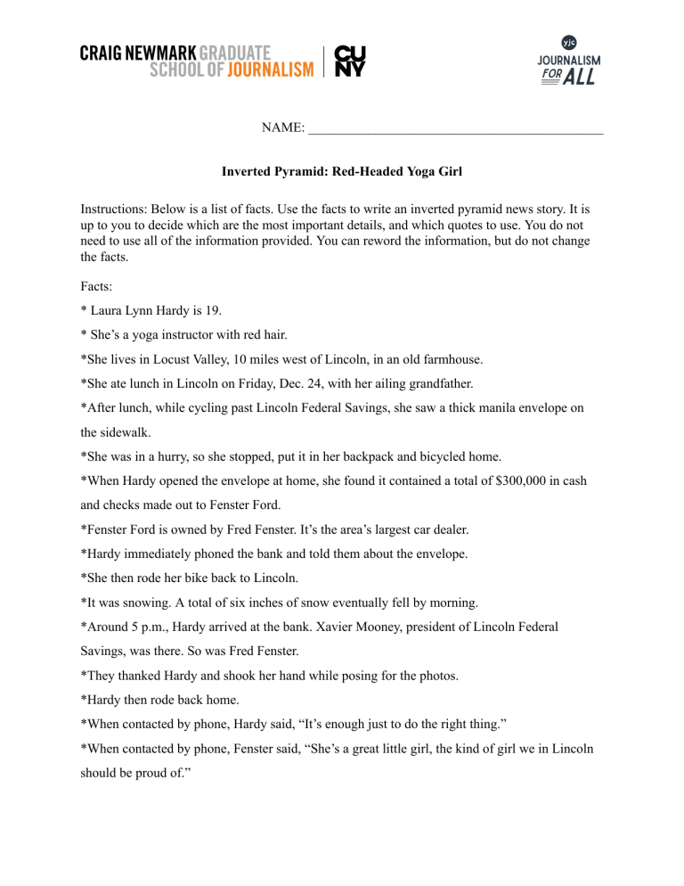 Inverted Pyramid News Story Worksheet