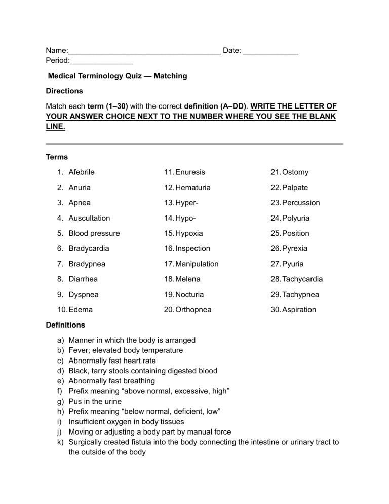 Medical Terminology Quiz: Matching Definitions