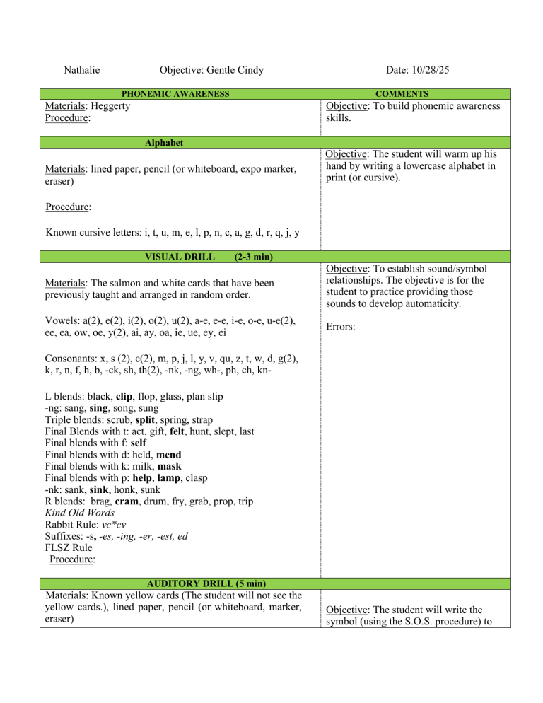 Phonics Lesson Plan: Gentle Cindy Rule