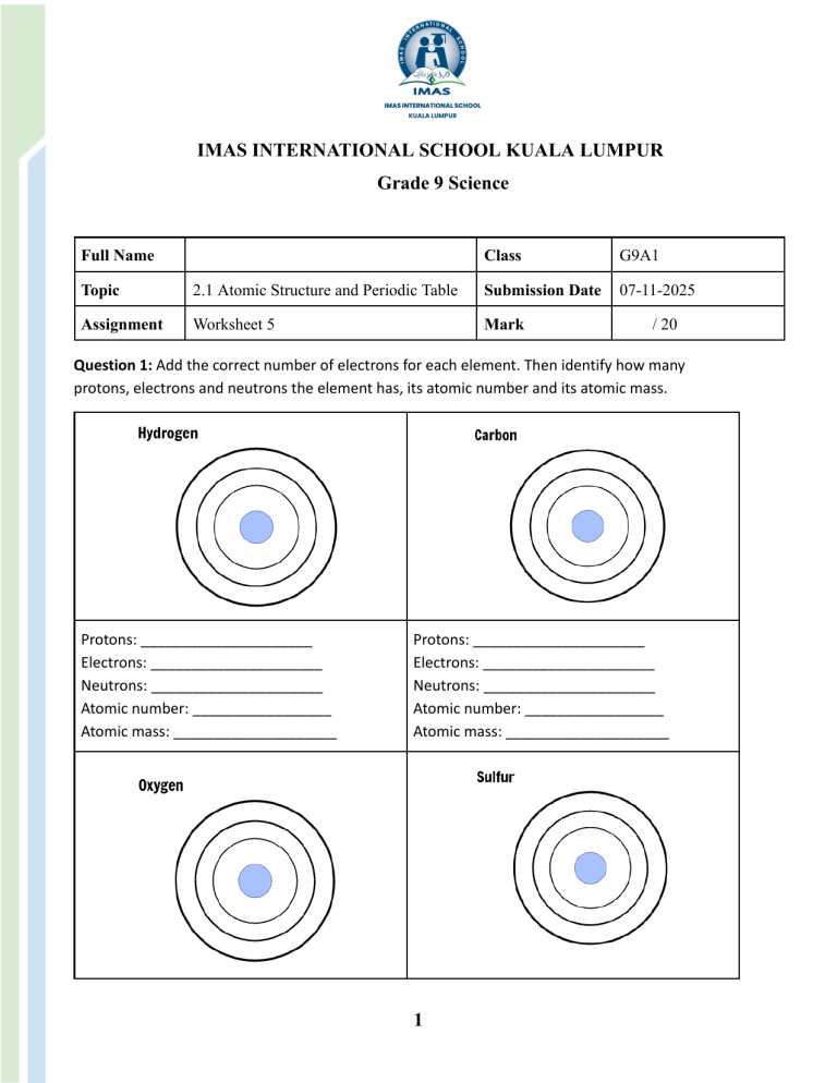 Atomic Structure Worksheet: Grade 9 Science