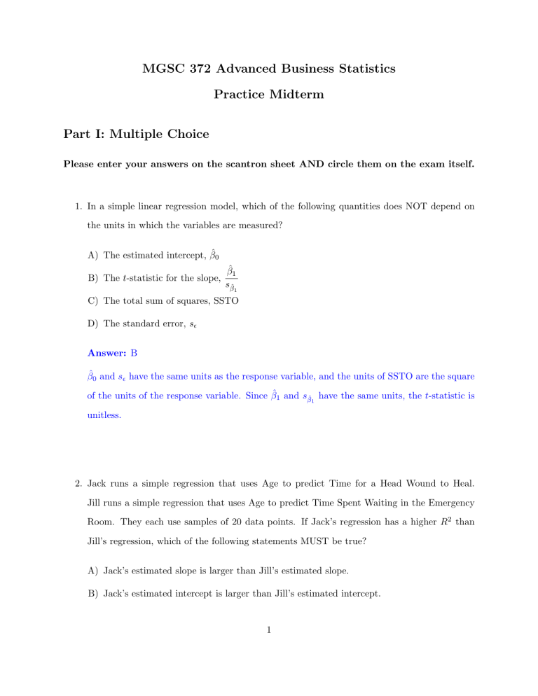MGSC 372 Advanced Business Statistics Practice Midterm Exam