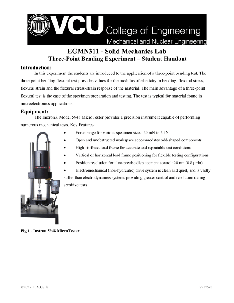 Solid Mechanics Lab: Three-Point Bending Experiment Student Handout