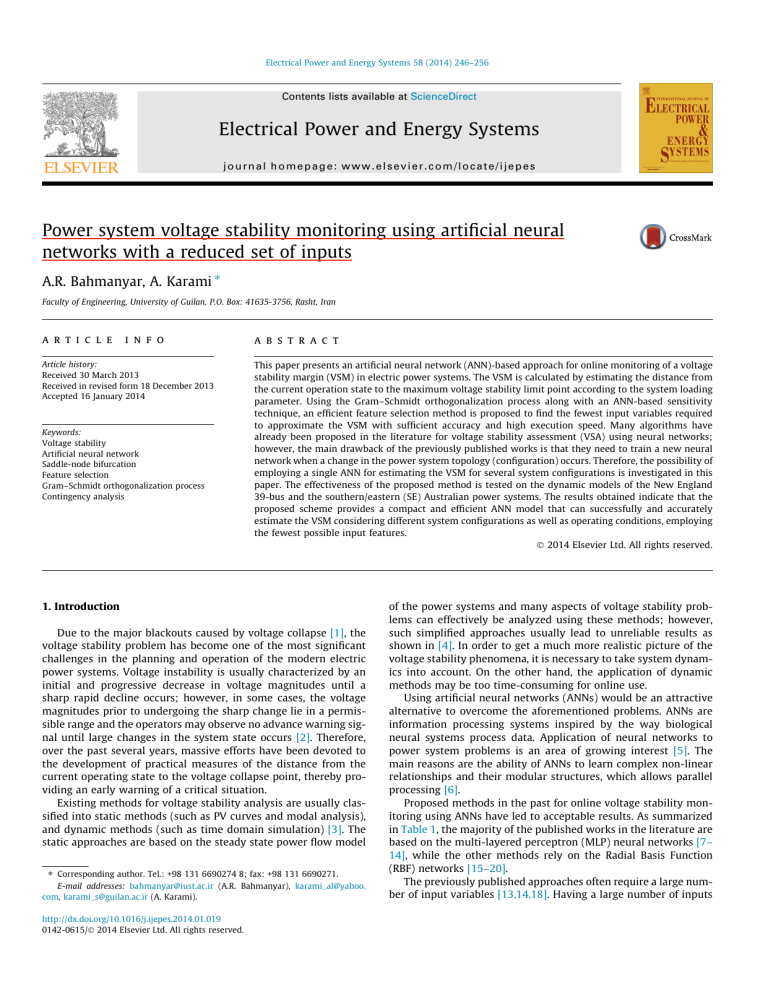 Power System Voltage Stability Monitoring with ANNs & Reduced Inputs