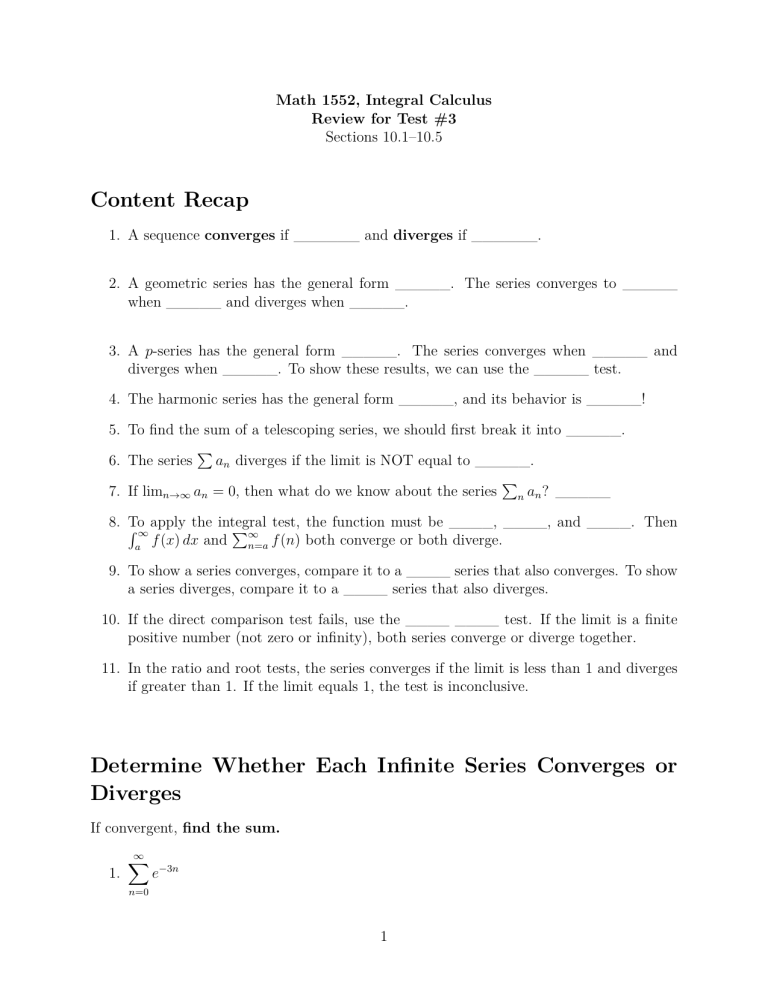 Integral Calculus Test 3 Review: Sequences & Series