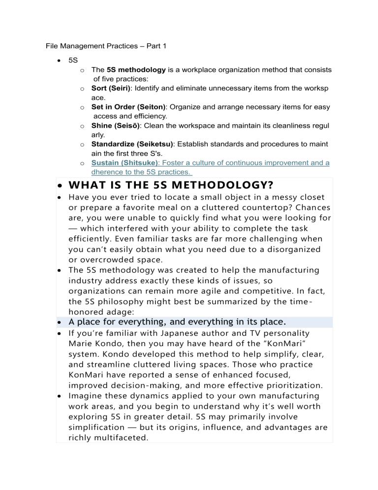 5S Methodology: Workplace Organization & File Management Practices