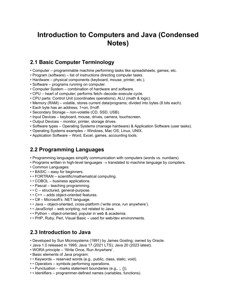 Introduction to Computers & Java: Basic Terminology & Programming