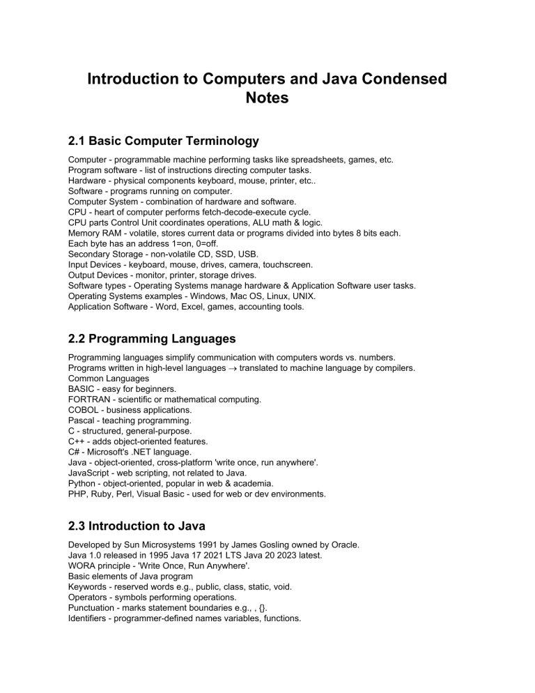 Intro to Computers & Java: Condensed Notes