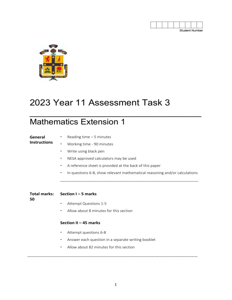 2023 Year 11 Mathematics Extension 1 Assessment Task 3 Exam