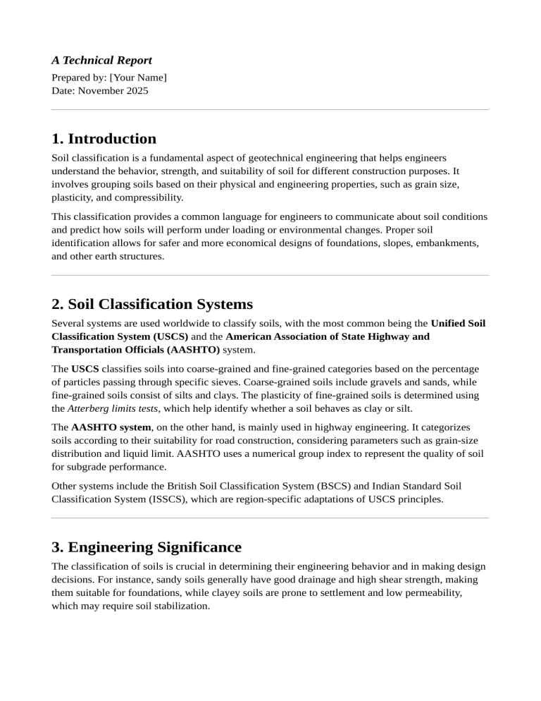 Soil Classification in Geotechnical Engineering: A Technical Report