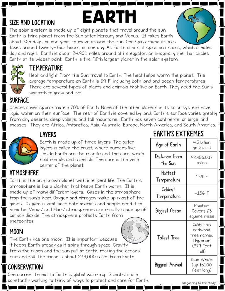 Earth Facts & Quiz: Planet Information Worksheet for Students