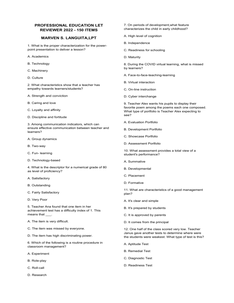 Professional Education LET Reviewer 2022 - 150 Items