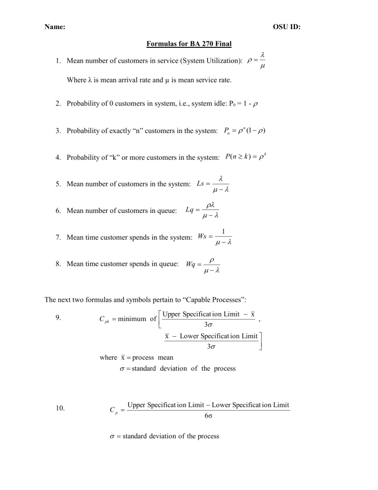 BA 270 Final Exam Formulas: Queuing Theory & Process Capability