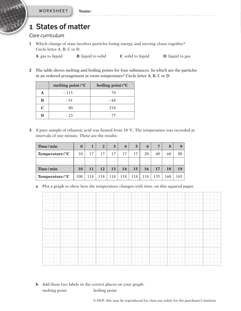 States of Matter Worksheet: Changes of State, Melting & Boiling Points