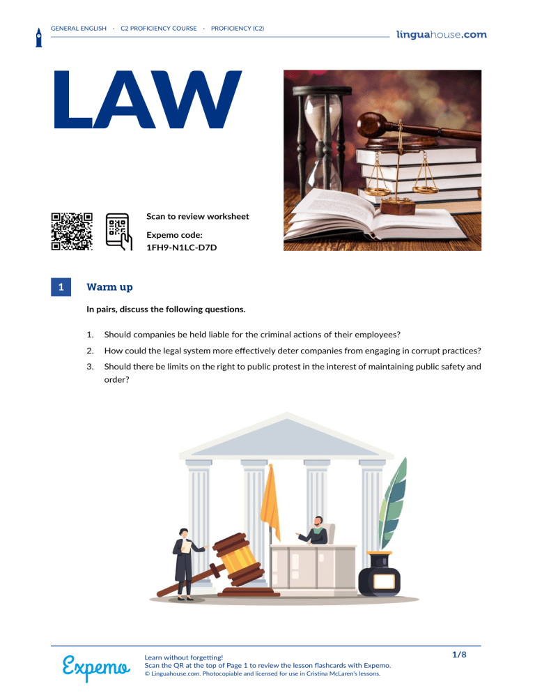 C2 English Proficiency Law Worksheet: Reading, Vocabulary, Listening