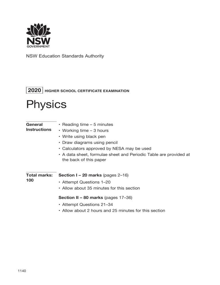 2020 NSW HSC Physics Exam Paper - Higher School Certificate