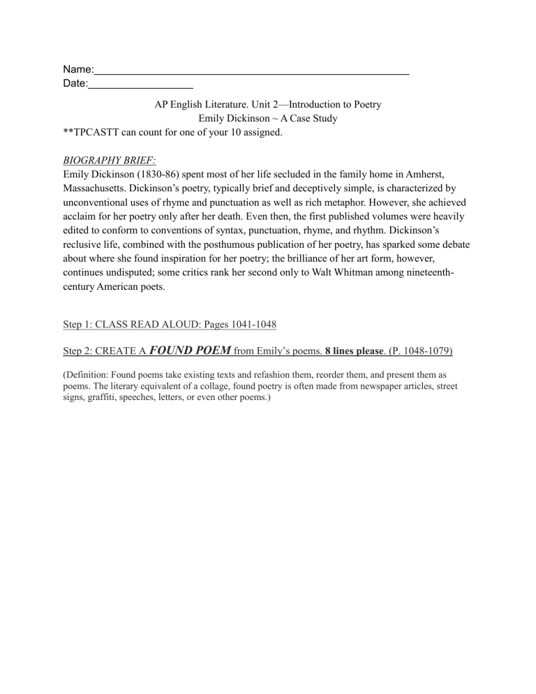 AP English Literature: Emily Dickinson Poetry Case Study & Analysis
