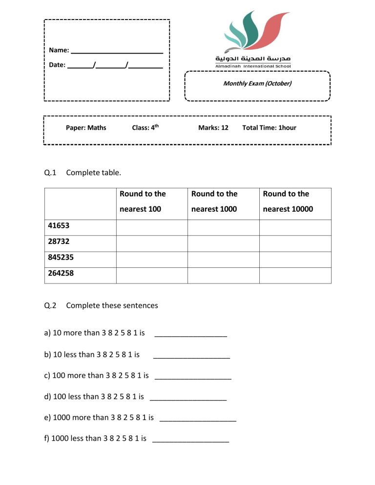 4th Grade Maths Exam: Rounding, Factors, LCM