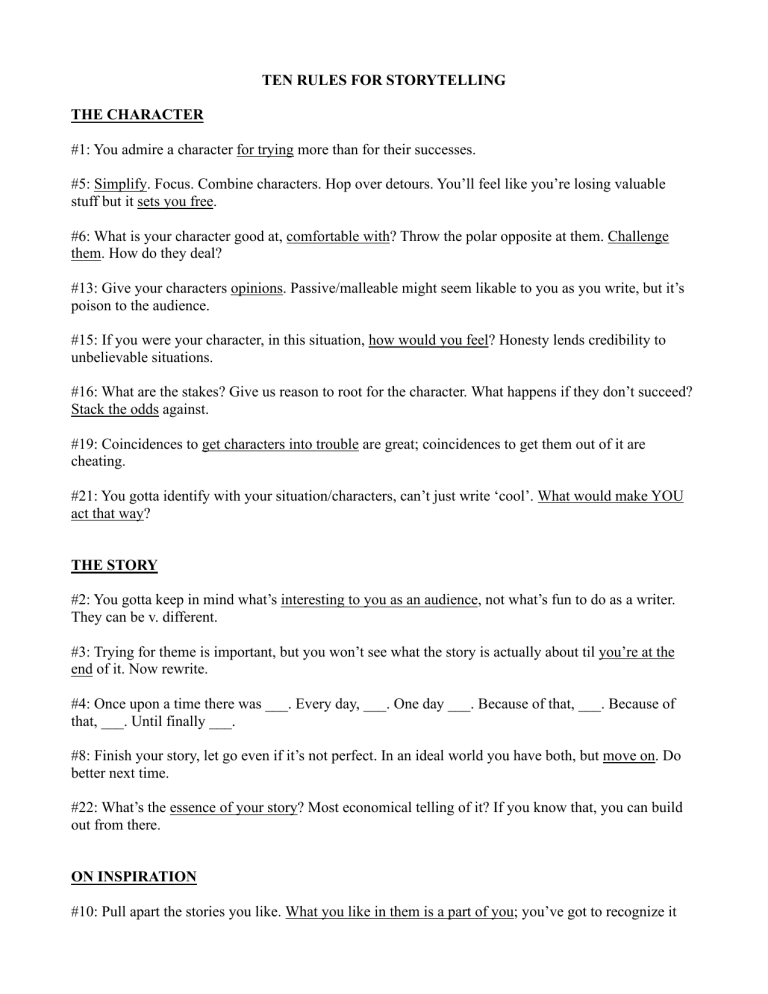 Ten Rules for Storytelling: Character, Plot, Inspiration & Writing Tips