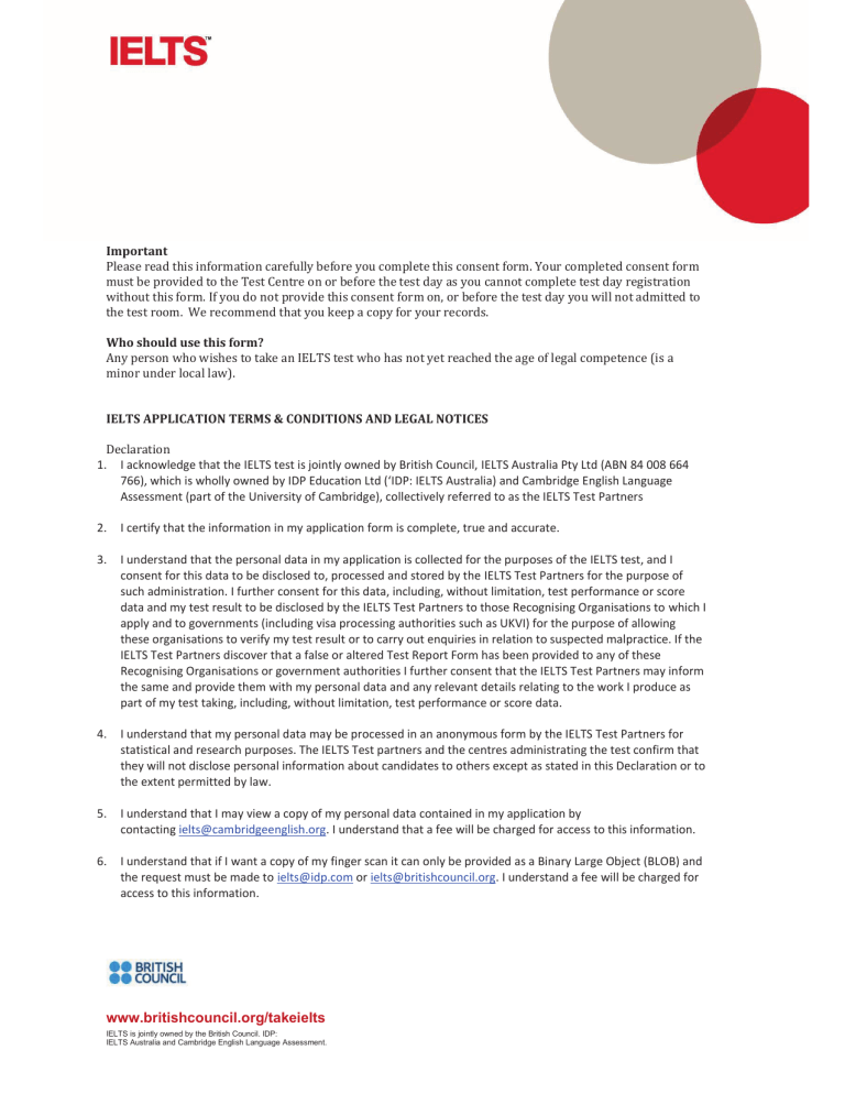 IELTS Consent Form for Minors: Terms, Conditions & Data Privacy