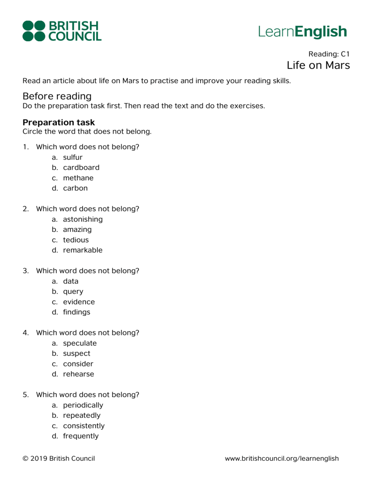 Life on Mars C1 Reading Comprehension | British Council LearnEnglish