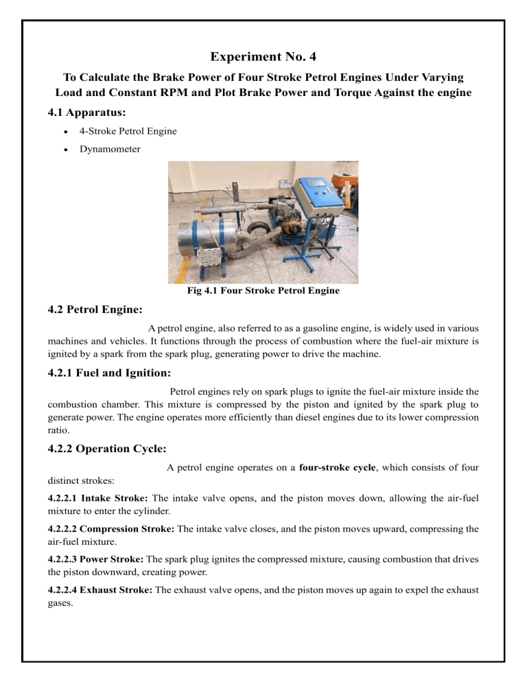 Brake Power Calculation: Four-Stroke Petrol Engine Experiment